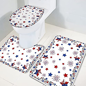 Wotrend 4th of July 3 Piece Bath Rugs Set Fireworks Patriotic Stars Farmhouse Bathroom Mats Absorbent Contour Soft Mat Toilet Lid Cover Bathroom Decor Set, 20"x32"+16"x18"+16"x20"