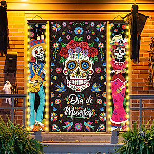 Tiamon 3 Pcs Day of The Dead Porch Sign with LED Lights, Mexican Dia De Los Muertos Party Door Decorations, Day of The Dead Sugar Skull Door Banner for Halloween Fiesta Party, 11.8 x 70.9 Inches
