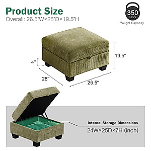 ABCASA Sofa Ottoman with Storage,Ottoman Module for Modular Sectional Sofa Couch, Storage Ottoman Footrest and Seat Cube, Green
