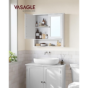 VASAGLE Bathroom Cabinet with Mirror, Wall Cabinet with 2 Mirrored Doors, Adjustable Shelf, Open Compartment, Wall-Mounted, 5.1 x 22.2 x 23 Inches, White ULHC002