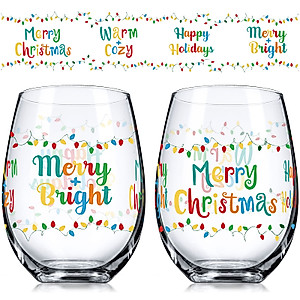 Patelai 2 Pieces Christmas Stemless Wine Glass, 17 oz Merry Christmas Happy Holiday Wine Glass Funny Mug Cup, Christmas New Year Gifts for Women Men Mom Dad Wife Husband