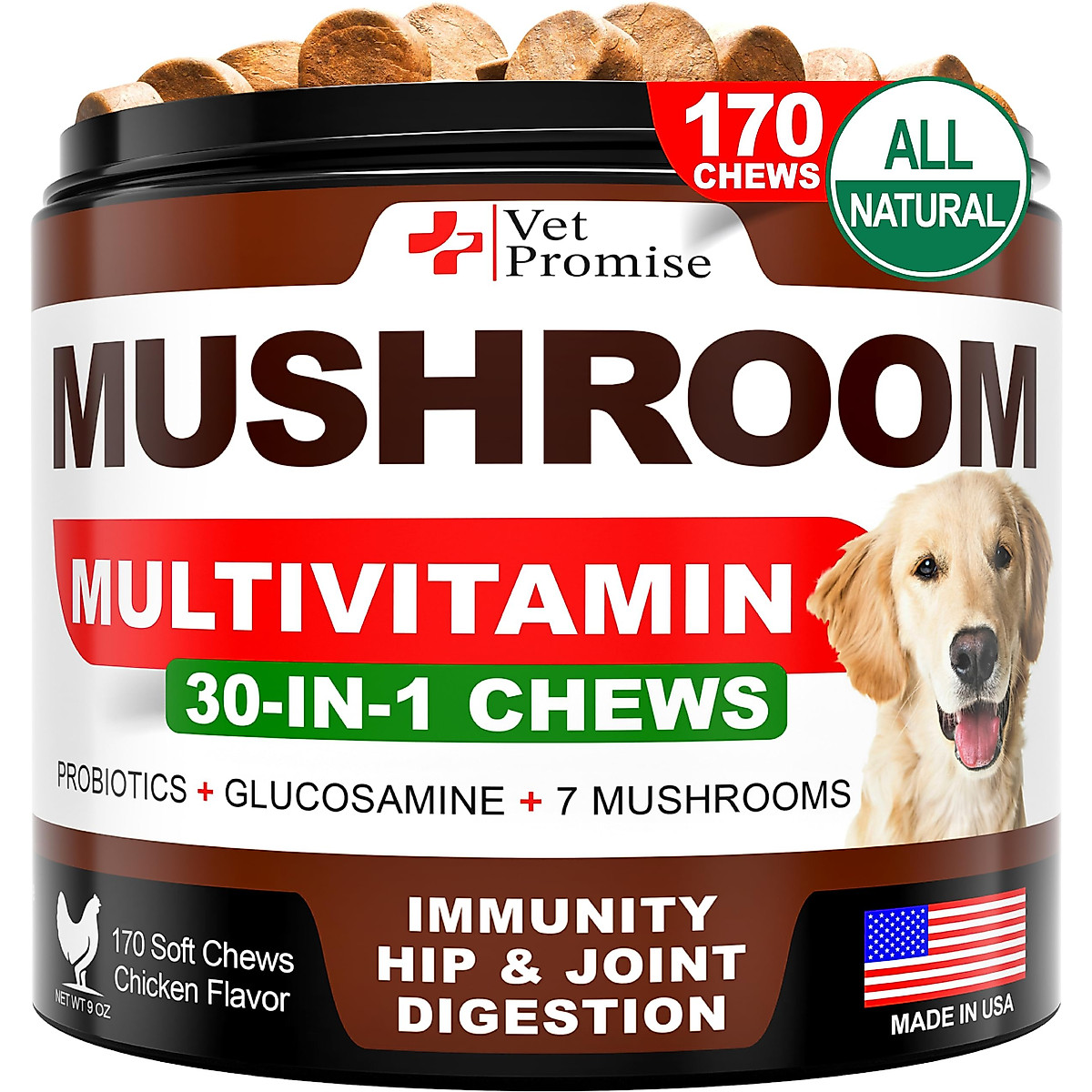 Mushroom for Dogs - 170 Chews - Turkey Tail Mushroom for Dogs - Mushroom Supplement for Dogs - Lions Mane - Reishi - Immunity Support Multivitamin - Joint Health - Energy - Gut - Skin - Dog Vitamins