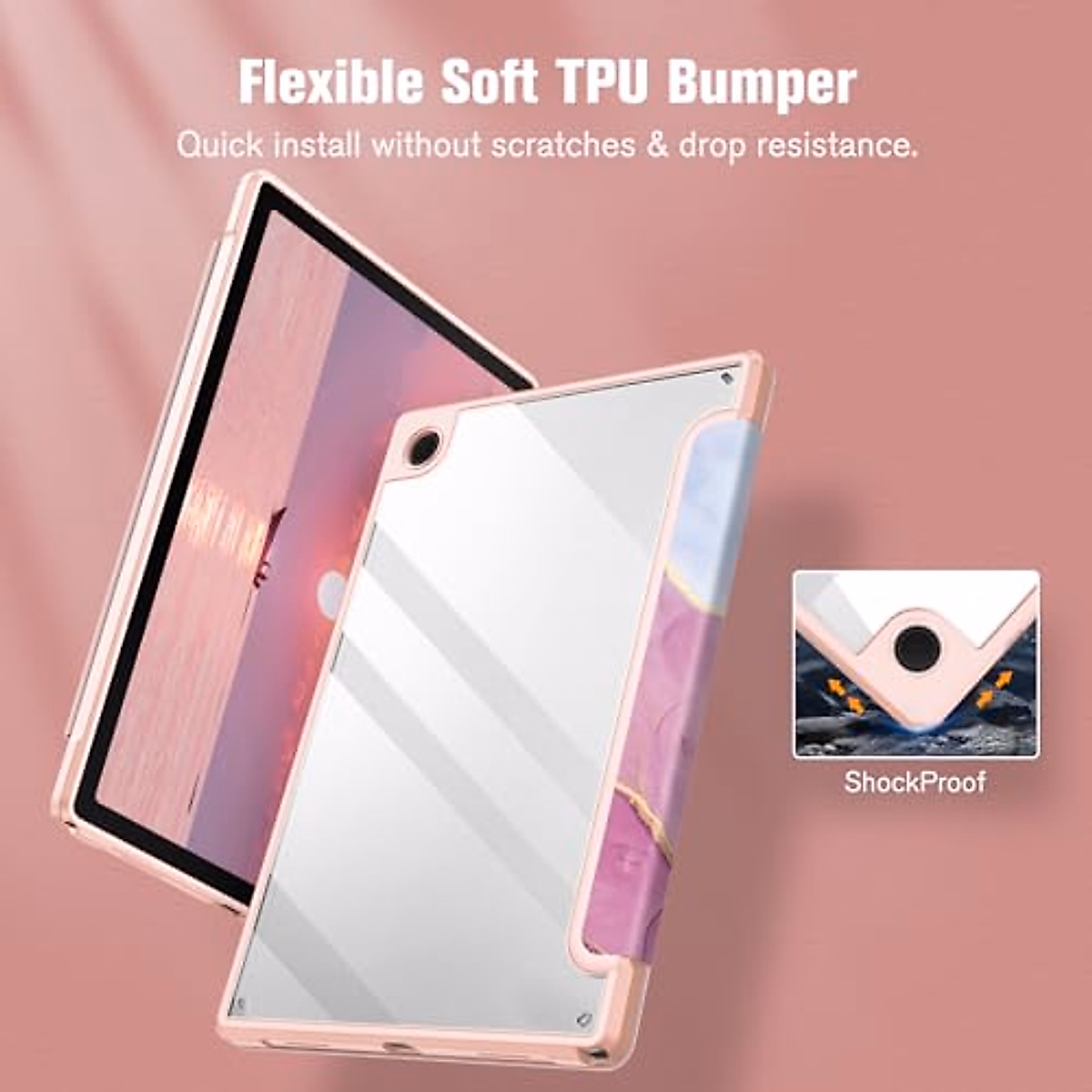 Fintie Hybrid Slim Case for Samsung Galaxy Tab A8 10.5 Inch 2022 Model (SM-X200/X205/X207), Shockproof Cover with Clear Transparent Back Shell, Auto Wake/Sleep, Glittering Marble