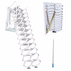 Telescopic Ladder Attic Ladder Pull Down Attic Ladder Alloy Attic Stairs 12 Steps Loft Ladder 9.2FT Wall-Mounted Collapsible Ladder with Armrests (White)