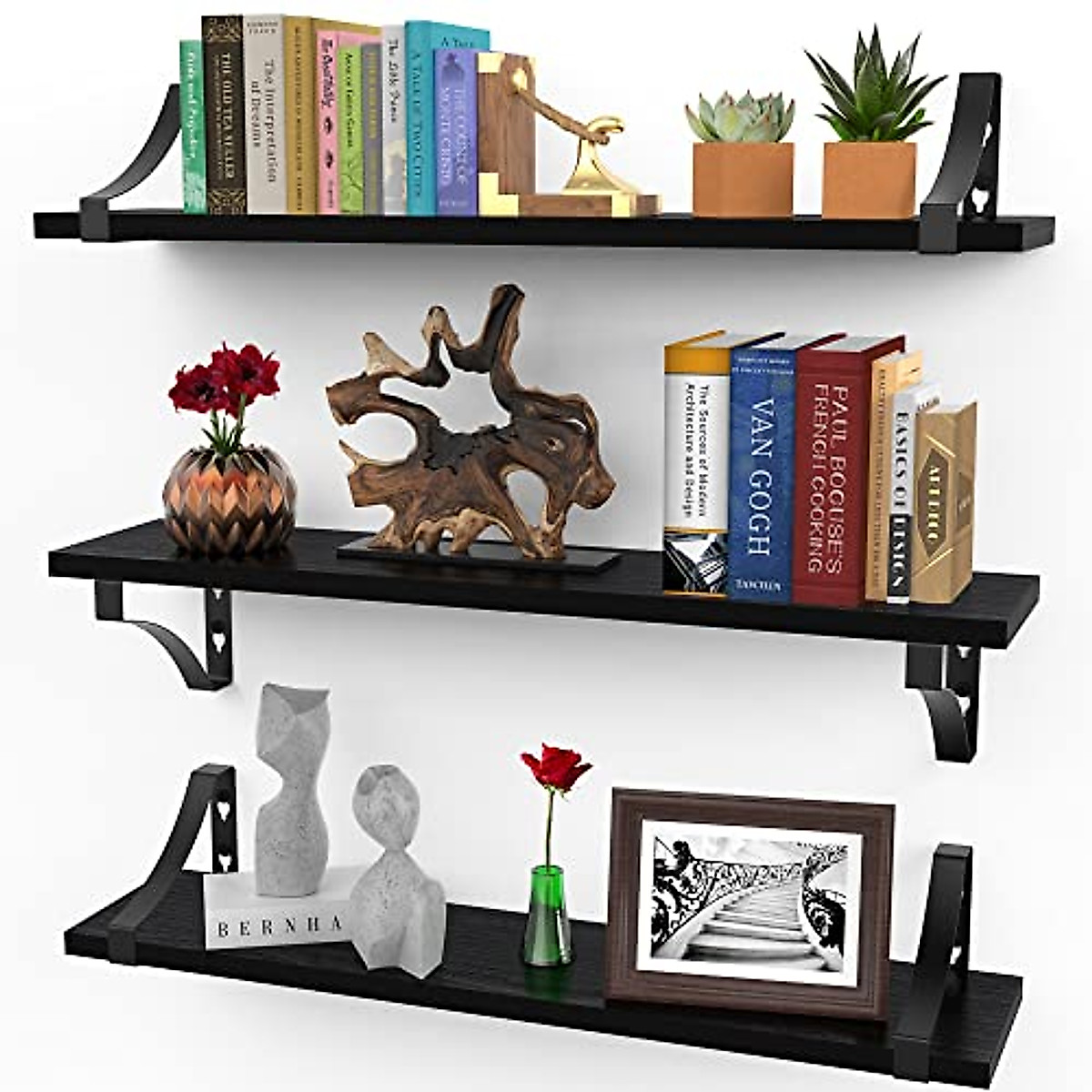 Icona Bay 24 Inch Wall Shelves, Set of 3 Black Modern Rustic Display Shelves, Wall Mount Picture Ledges w/Brackets