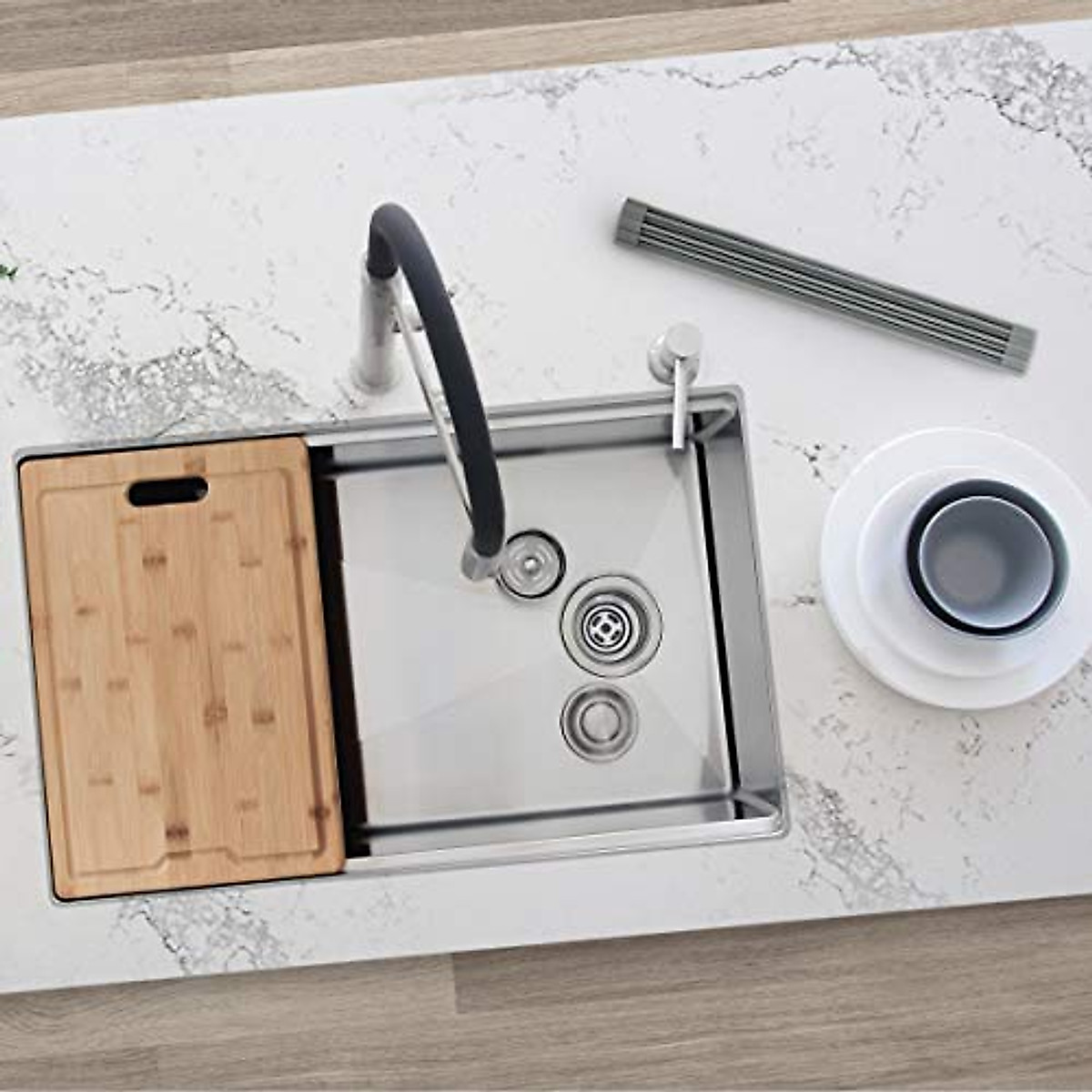 AZUNI 30 inch x 19 inch Single Bowl Undermount 16G Reversible Kitchen Ledge Workstation Sink with Grid, Luxury Basket Strainer, Drying Rack and Bamboo Cutting Board, C131L