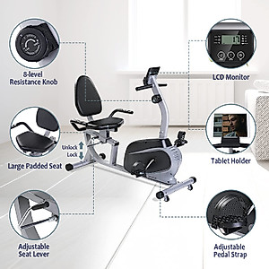Magnetic Recumbent Exercise Bike Indoor Stationary Bike with Adjustable Cushion Seat and Resistance,Pluse Monitor,Transport Wheels and Tablet Holder for Home Use