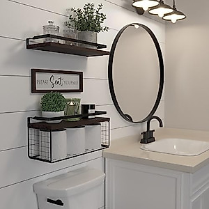 DOLLFIO Floating Shelves with Wall Décor Sign, Bathroom Shelves Over Toilet with Wire Storage Basket, Wood Wall Shelves with Protective Metal Guardrail– Brown