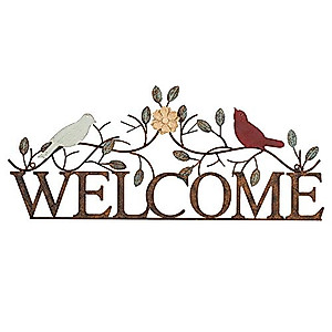 Retrome Birds on Branch Welcome Sign Metal Wall Art, 26.5" x 11"