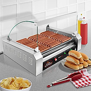 Olde Midway PRO30 Electric Grill Cooker Machine, 30 Hot Dog 11 Roller with Cover, Commercial Grade, Stainless Steel