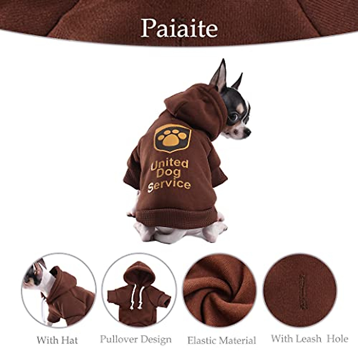 Paiaite Brown Chihuahua Dog Hoodie Winter Small Dog Sweatshirt with Leash Hole Warm Pet Clothes for Puppy Dog Sweater Coat Clothing United Dog Service M