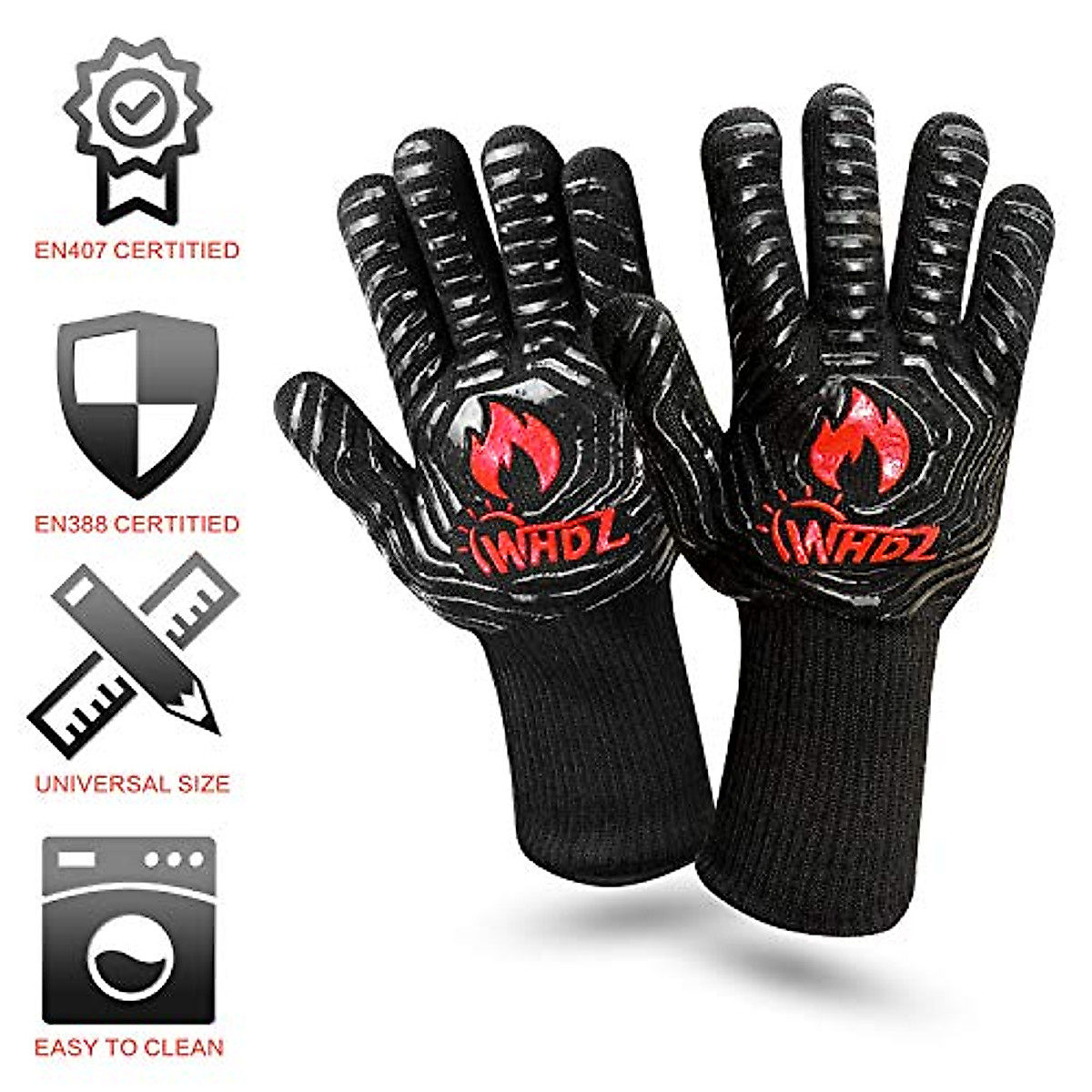 WHDZ BBQ Gloves Heat Resistant Oven Grilling Gloves 1472℉ Durable Fireproof Food Grade Kitchen Grill Gloves for Cooking, Baking, Barbeque, Welding, Cutting, 14 Inch Black