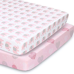 The Peanutshell Fitted Pack n Play, Playard, Mini Crib Sheets for Baby Girls | 2 Pack Set | Pink Elephants & Hearts