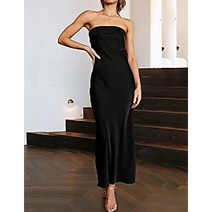 ZESICA Women's Sexy Satin Tube Top Cutout Slim Fit Silky Long Evening Prom Formal Long Dress,Black,Small