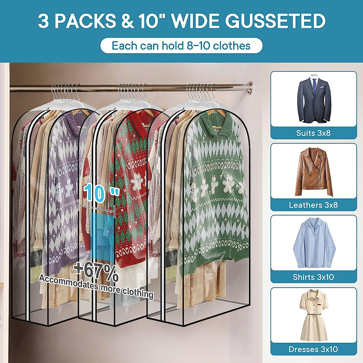 3 Pack - Moucas 10" Gusseted All Clear Garment Bag, 43" Suit Bags for Closet Storage, Garment Bags for Hanging Clothes, Garment Covers with Side Zipper for Coats, Jackets, Shirts