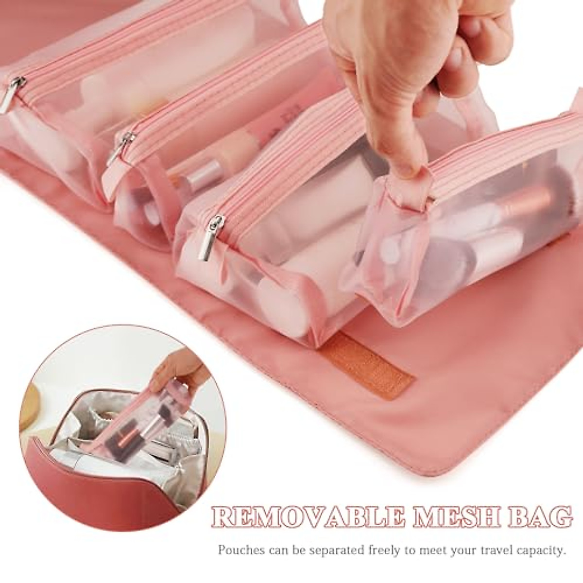 Senyucom Detachable Cosmefic Bag, 4 IN 1 Removable Portable Toiletry Travel Hanging Makeup Bags Organizer,Bathroom Bag for Shower (Pink)