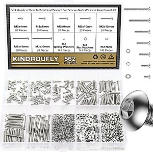 Kindroufly 562 Pieces M2 x 4/6 /8/10 /12/16 /20mm Button Head Socket Cap Screws Nuts Washers Assortment Kit, 304 Stainless Steel, Fully Machine Thread