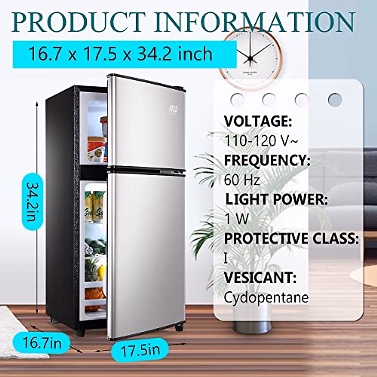 KRIB BLING 3.5Cu.Ft Compact Refrigerator Mini Fridge with Freezer, Small Refrigerator with 2 Door, 7 Level Thermostat Removable Shelves for Kitchen, Dorm, Apartment, Bar, Office Silver