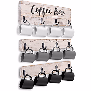 Coffee Mug Holder,Wall Mounted Coffee Mug Rack,Rustic Wood Cup Organizer with 12 Hooks,Kitchen Display Storage and Collection (White)