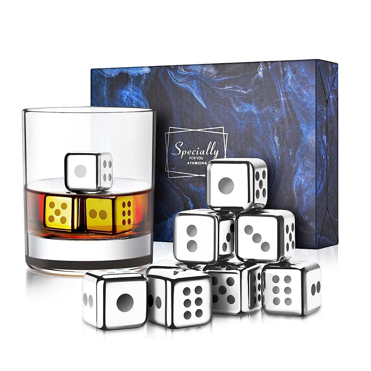 Whiskey Stones Set, Dice Reusable Stainless Steel Metal Ice Cube, Whiskey Bourbon Gifts for Men,Stocking Stuffers,Unique Christmas Birthday Gifts for Dad Him Boyfriend Boss,Silver Set of 8