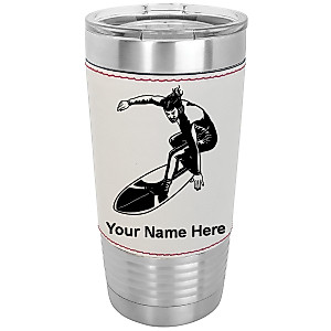 LaserGram 20oz Vacuum Insulated Tumbler Mug, Surfer Man, Personalized Engraving Included (Faux Leather, Baseball Style)