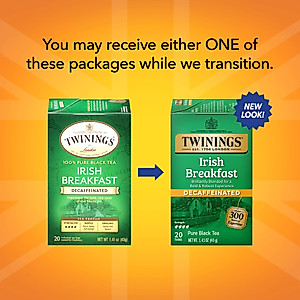 Twinings Irish Breakfast Tea, Decaf Tea Bags, Strong and Distinctive Black Decaffeinated Tea, 20 Individually Wrapped Tea Bags