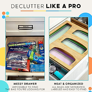 Bamboo Ziplock Bag Storage Organizer w/ 4 Compartments - Baggie Organizer for Kitchen Drawer - Compatible Gallon, Snack, Sandwich, Quart Size Ziplock Bags - Wall Hang, Ziplock Organizer for Drawer