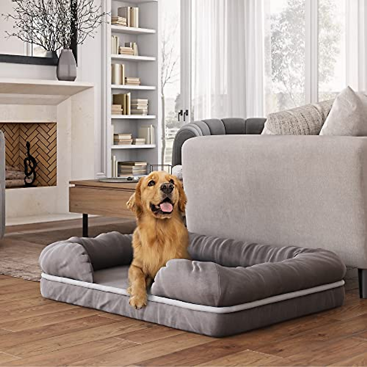 Classic Brands Ruff n' Roo X-Large Waterproof Bolster Cotton and Memory Foam Dog Bed with Non-Slip Bottom, Grey