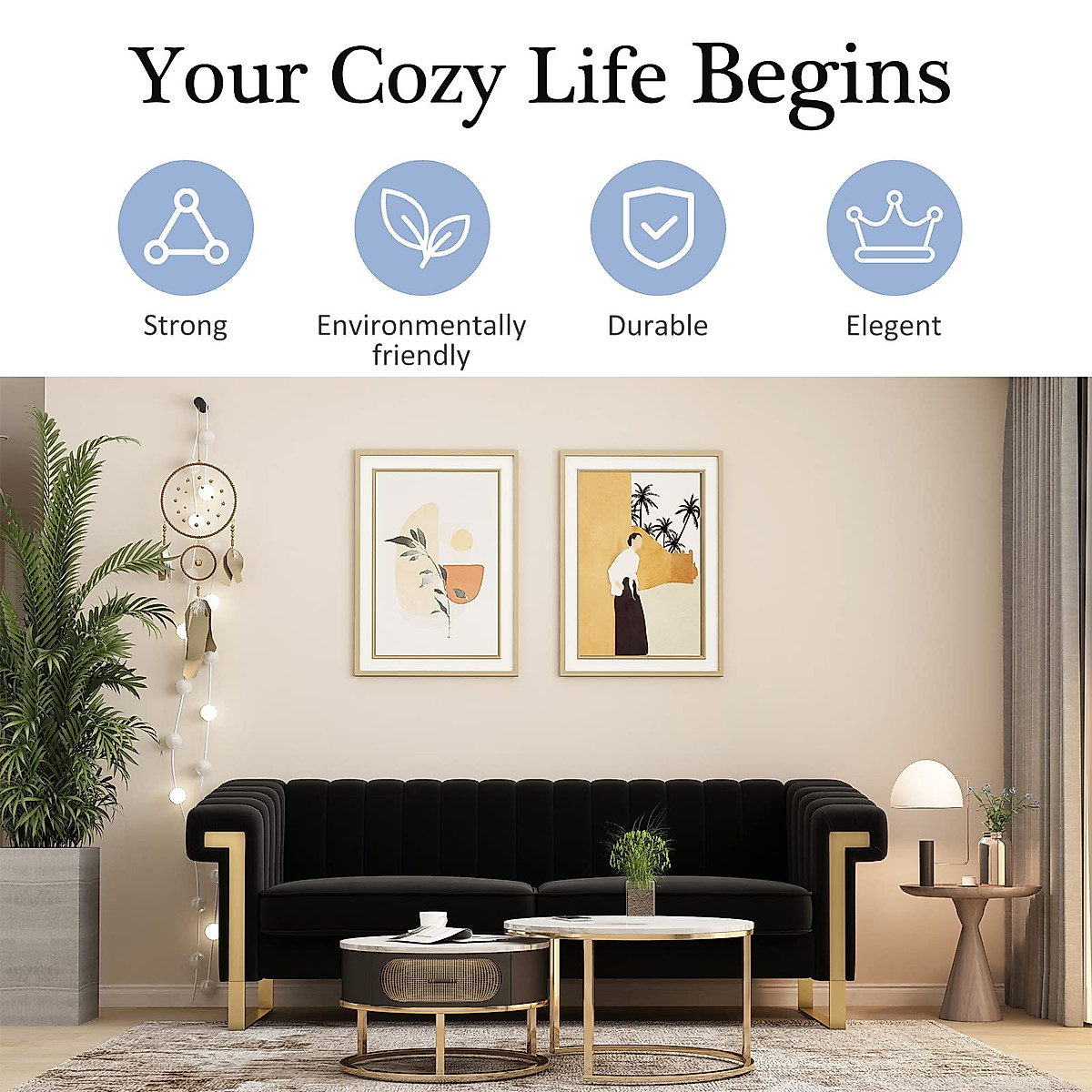 RUNOLIG Chesterfield Sofa, Upholstered Blue Velvet Couch with Flared Arms and Removable Cushions, Comfy Couch with Wood Frame and Gold Legs, Modern Couches for Living Room, Apartment, Office