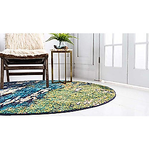 Unique Loom Estrella Collection Distressed, Landscape, Abstract, Modern, Earth Tones Area Rug (8' 0 x 8' 0 Round, Navy Blue/Green)