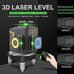 Greheywos Laser Level 12 Lines Self Leveling 3x360° 3D Green Cross Line for Construction and Picture Hanging, With Rechargeable battery, Remote Controller, Magnetic Rotating Stand, Mini Tripod Base