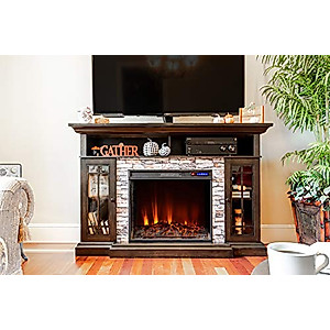 e-Flame USA Whistler Large Mantel Electric Fireplace Stove TV Stand with Media Shelves - Faux Stone Dark Oak - 66"x43"
