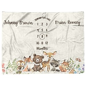MDPrints Personalized Twin Milestone Blanket, Custom Monthly Baby Blankets with Name for Boys and Girls, 30x40 & 50x60inch Soft Plush Fleece (Brown)