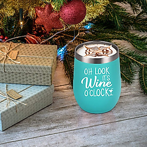 Oh Look It's Wine O'Clock - Stainless Steel Wine Tumbler with Lid, Funny Wine Gifts for Women Mom Grandma Sister Coworkers, Stemless Insulated Tumbler for Christmas Mothers Day Birthday(12oz, Mint)