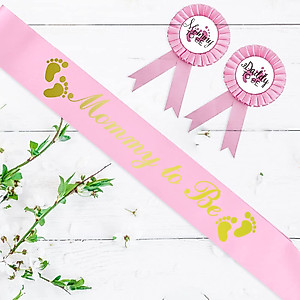 CoolerthingsDG, 3pcs, Daddy to be & Mommy to be Tinplate Badge Pink pin and one pink sash for mommy to be, with gold Letters, - Baby Shower Button New Dad Gifts Gender Reveals Party Baby Girl White and Pink Rosette Button Baby Celebration ( pink footprint