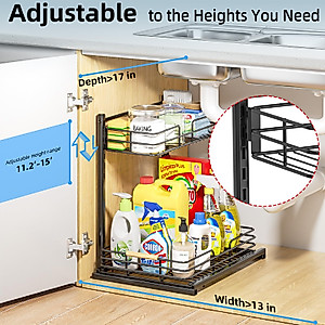 Delamu Under Sink Organizers and Storage, 2 Pack Under Kitchen Sink Organizer, Height Adjustable Bathroom Cabinet Organizer, Pull out Under Cabinet Organizer and Storage, Black