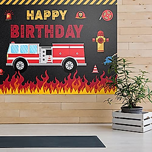 Firetruck Birthday Backdrop Banner Decor Black - Fire Truck Happy Birthday Party Theme Decorations for Fireman Boys Men Supplies
