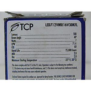 TCP LED712VMR16V30KFL MR16 LED Lamp 7 Watt 2-Pin GU5.3 Base 500 Lumens 82 CRI 3000K Halogen White Elite