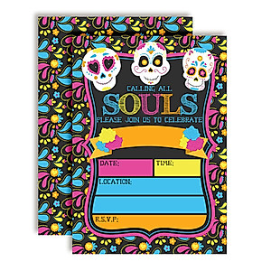 Sugar Skull Day Of The Dead, Dia De Los Muertos, Colorful Halloween Birthday Party Invitations, 20 5x7 Fill In Cards with Twenty White Envelopes by AmandaCreation