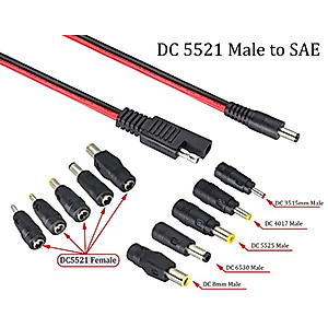 HCFeng 2Pack SAE to DC Adapter Cable SAE Plug to DC 5.5mmx2.1mm Male Connector Cables with SAE Polarity Reverse Adapter & DC8/6.5/5.5/4.0/3.5(mm) Adapters for Solar Battery Panel (14AWG 2ft/60cm)