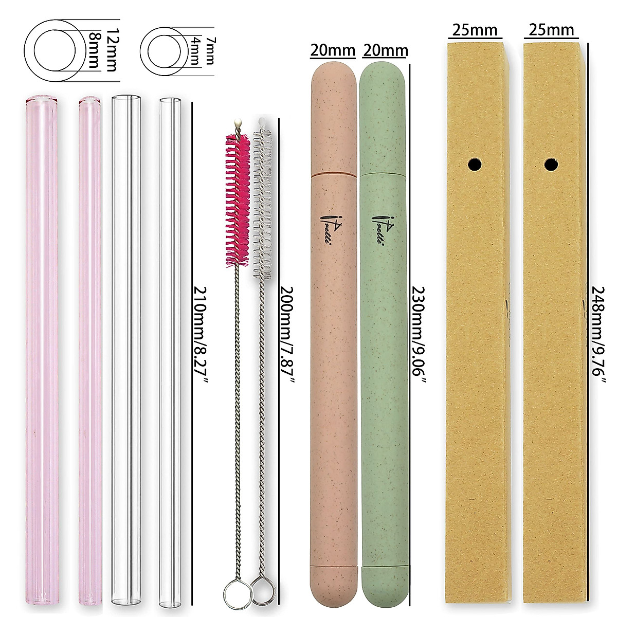Ipretti 2 Packs Reusable Glass Drinking Boba Smoothie Straws with Wheat Straw Portable Cases,Cleaning Brushes,7mm/12mm x 8.27",Bubble Tea (Clear+Pink)