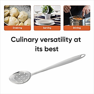 Stainless Steel Slotted Serving Spoon - Pack of 3 - Large Metal Cooking Spoon with Holes - Long Handle Perforated Metal Spoon