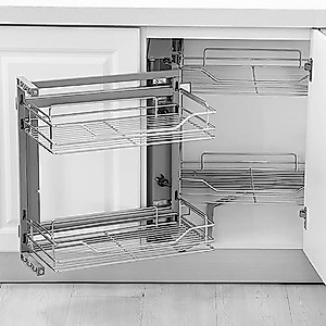 YEKIM Stainless Steel Shelving, Blind Corner Cabinet Pull Out 15" Opening, 2 4 Tier Baskets Concealed Roller Slide Out Shelf, Corner Basket Drawer,Right