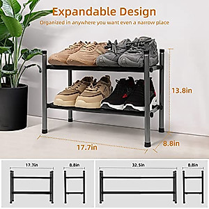 MULISOFT 2-Tier Expandable Shoe Rack, Stackable and Adjustable Shoe Shelf Storage Organizer Heavy Duty Metal Free Standing Shoe Rack for Closet Entryway Bedroom Garage (Black),1 Pack