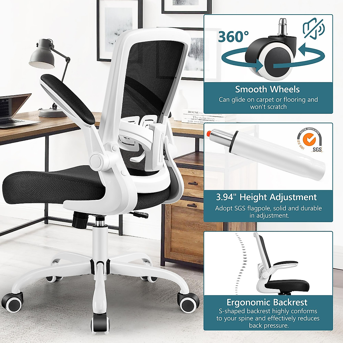 MINLOVE Office Chair Ergonomic Desk Chair with Adjustable Lumbar Support and Height, 90° Flip-up Armrests, Ergo Desk Chairs with Wheels, 360° Swivel Mesh Chair, Home Work Use (White)