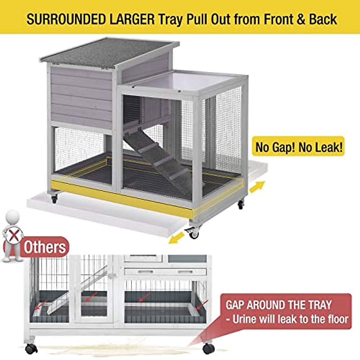Aivituvin Rabbit Hutch, Indoor Bunny Cage with Run Outdoor Rabbit House with Two Deeper No Leak Trays - 4 Casters Include (Grey)