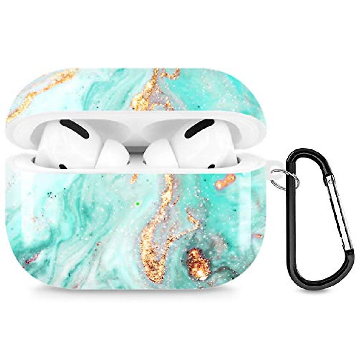 A-Focus Compatible with AirPods Pro Case Marble, Blue Green Marble Texture Smooth IMD Design Series Shock Proof Flexible Slim TPU Cover Case with Carabiner for AirPods Pro Glossy Blue Green
