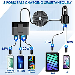 Multi 5 Ports USB C Car Charger, 74W QC3.0 & PD3.0 Type C Cigarette Lighter Adapter Front and Back Seats Fast Charger with 5FT Cable for Samsung Galaxy S21/20, iPhone, Google Pixel, iPad Pro and More