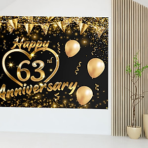Happy 63rd Anniversary Backdrop Banner Decor Black Gold – Glitter Love Heart Happy 63 Years Wedding Anniversary Party Theme Decorations for Women Men Supplies, 3.9 x 5.9 ft