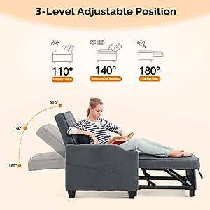VINGLI Dark Grey Sleeper Chair Bed 3-in-1 Convertible Futon Sofa Bed Pull Out Couch Bed Adjustable Recliner Chair with USB Ports Cup Holders Side Pockets for Living Room Bedroom Small Spaces